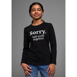 Kidsworld M&auml;dchen Kidsworld Langarmshirt &raquo;Sorry. hab nicht zugeh&ouml;rt&laquo; Langarm, Basic-Passform, mit peppigem Druck und Statements schwarz 128/134
