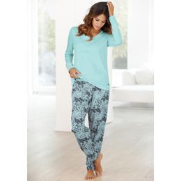 Buffalo Damen Pyjama Set, 2 tlg. mit gemusterter Hose und passendem Langarmshirt gr&uuml;n 40/42