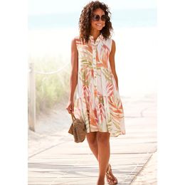 Lascana Damen Lascana Hemdblusenkleid &raquo;mit Alloverprint und Volants&laquo; &auml;rmelloses Sommerkleid, Strandkleid, Webkleid, Tunikakleid orange 36, N-Gr