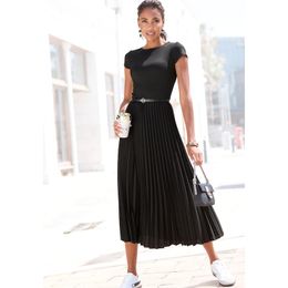 Lascana Damen Lascana Midikleid &raquo;mit Plisseerockteil, b&uuml;gelfreie Qualit&auml;t&laquo; Ohne Taschen elegantes Sommerkleid, Festkleid, Plisseekleid, modisch 