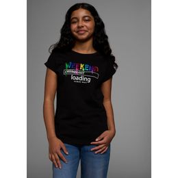 Kidsworld M&auml;dchen Kidsworld T-Shirt &raquo;WEEKEND loading...please wait&laquo; Kurzarm, weite Passform, bedruckte Optik, Rundhalsausschnitt schwarz 140/146