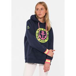 Zwillingsherz Damen Hoodie, Langarm, Kapuze, Neon-Details, Kordelzug, Frontprint, K&auml;ngurutasche blau S/M
