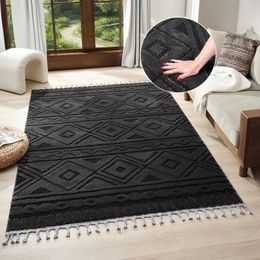 OTTO home Teppich &raquo;Bonvo&laquo; rechteckig 19 mm H&ouml;he mit Fransen, Hoch-Tief-Struktur, Wohnzimmer, Schlafzimmer, Boho-Style schwarz Kunstfaser B : 240cm 1 