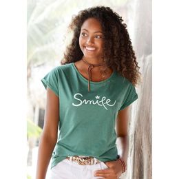 Beachtime By Lascana Damen Beachtime by Lascana T-Shirt &raquo;Smile&laquo; aus reiner Baumwolle - perfekt f&uuml;r den Sommer gr&uuml;n 32/34