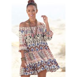 Buffalo Damen Tunikakleid &raquo;mit Carmenausschnitt, luftiges Strandkleid mit Ethnomuster&laquo; Ohne Taschen Beachkleid, Sommerkleid, Viskosekleid, 