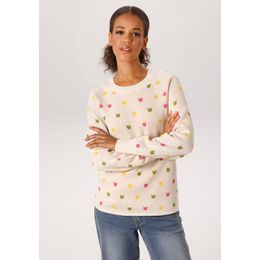 Aniston Casual Damen Aniston CASUAL Strickpullover mit eingestrickten grafischen Katzenk&ouml;pfen beige 36