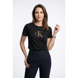 Calvin Klein Jeans Damen T-Shirt Regular Fit, gl&auml;nzender Logodruck, Rundhalsausschnitt schwarz XS (36)