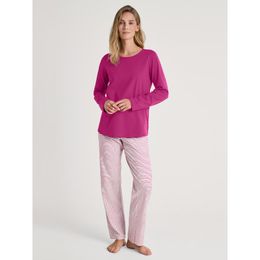Calida Damen Calida Schlafanzug 2 Rundhalsausschnitt, langarm, Oberteil uni, Hose mit Streifen pink M (44/46)
