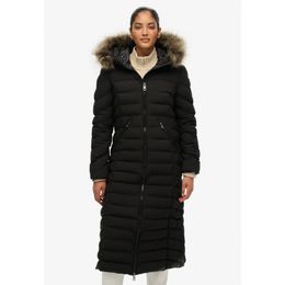 Superdry Damen Steppjacke &raquo;FUJI FAUX FUR HOODED LONGLINE&laquo; mit Kapuze Slim Fit, mit Rei&szlig;verschluss, aus Polyester und Kunstfaser schwarz XS