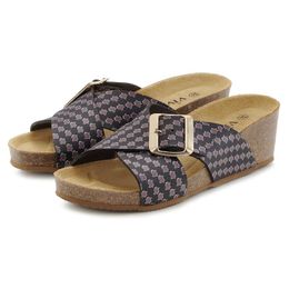 Vivance Damen Pantolette &raquo;Sandale, Mule, offener Schuh, Sommerschuh,&laquo; mit Komfortkorkfu&szlig;bett aus Leder, Keilabsatz und Print schwarz 41