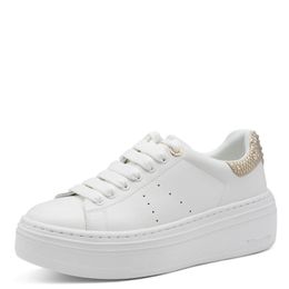 Tamaris Damen Plateausneaker Schn&uuml;rschuh, Halbschuh mit Schmucksteinen an der Ferse, Damensneaker wei&szlig; 40