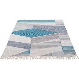 Tom Tailor HOME Teppich &raquo;Modern Kelim&laquo; rechteckig 5 mm H&ouml;he handgewebt, mit Fransen, Boho-Style blau Wolle B : 65cm 1 Stk., 5mm, L: 135cm