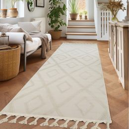 OTTO home L&auml;ufer &raquo;Otilie&laquo; rechteckig 11 mm H&ouml;he dichte Qualit&auml;t, Woll-Look, Boho, mit Fransen und Rauten, Scandi beige Kunstfaser B : 67cm 1 Stk., 