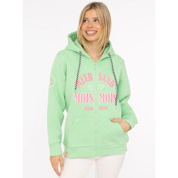 Zwillingsherz Damen Sweatjacke &raquo;"Moin Moin"&laquo; Kapuze, Langarm, Rei&szlig;verschluss, modisch, maritim, Kordelzug gr&uuml;n S/M