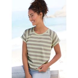 ELBSAND Damen T-Shirt &raquo;Calisa&laquo; mit Streifenmuster, sportliches Kurzarmshirt aus Baumwoll-Mix gr&uuml;n XL (42)