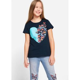 bonprix M&auml;dchen bonprix T-Shirt Regular Fit, Kurzarm, aus Baumwolle, mit Schmetterlings-Print blau 176/182