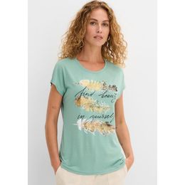 bonprix Damen bonprix T-Shirt &raquo;T-Shirt mit Glitzerdruck&laquo; schmale Passform, Kurzarm, mit Glitzerdruck gr&uuml;n 32/34 (XS)