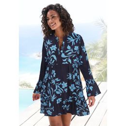 Lascana Damen Lascana Strandkleid mit Blumendruck in weiter Passform, Sommerkleid mit langen &Auml;rmeln blau 32/34, N-Gr