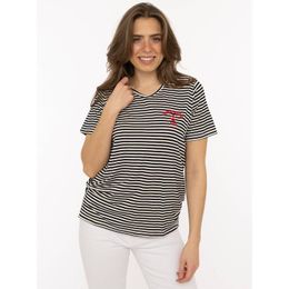 Zwillingsherz Damen T-Shirt &raquo;"Heimatgef&uuml;hl"&laquo; V-Neck, gestreift, kleines Motiv gestickt mit Anker schwarz-wei&szlig; M