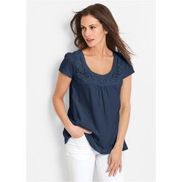 bonprix Damen bonprix T-Shirt bequeme Passform, mit Spitzenapplikation in H&auml;kel-Optik, aus Baumwolle blau 48/50 (XL)