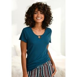 s.Oliver Damen s.Oliver Pyjamaoberteil aus geripptem Stoff mit Kr&auml;usels&auml;umen blau 40/42