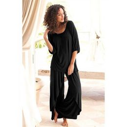 Lascana Damen Lascana Pyjama Set, 2 tlg. Hose in edler Layeroptik schwarz 52/54