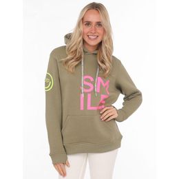 Zwillingsherz Damen Hoodie &raquo;"Alissa"&laquo;, Langarm, Kapuze, Neon-Details, Kordelzug, Frontprint, K&auml;ngurutasche gr&uuml;n SM (S/M)