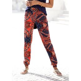Lascana Damen Lascana Strandhose &raquo;aus locker-leichtem Material mit Ethnodruck&laquo; mit Paisleyprint, leichte Jerseyhose, Sommerhose, Schlupfhose blau 34, 