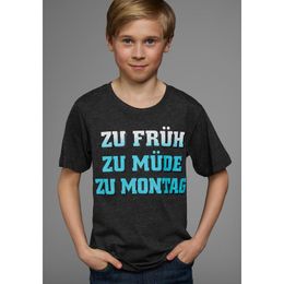 Kidsworld Jungen Kidsworld T-Shirt &raquo;Mit Spruch: ZU FR&Uuml;H, ZU M&Uuml;DE...&laquo; Kurzarm, Basic-Passform, mit stylischem Print, Rundhalsausschnitt grau 176/182