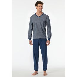 Schiesser Herren Pyjama &raquo;Comfort Essentials&laquo; 2 tlg. V-Ausschnitt, Brusttasche, Baumwolle, Langarm blau 58