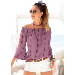 Lascana Damen Lascana Carmenbluse mit Ethnoprint, Damenbluse, schulterfrei, casual lila 44