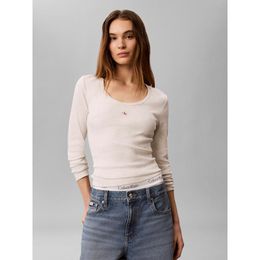 Calvin Klein Jeans Damen Langarmshirt &raquo;LS WOVEN LABEL 2X2 RIB SCOOP NEC&laquo; Mit Rundhalsausschnitt, regular fit beige XS