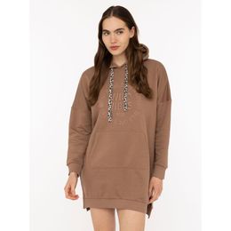 Zwillingsherz Damen Sweatkleid &raquo;"Wild Vibes"&laquo; K&auml;ngurutasche praktische Fronttaschen, Leo-Kordel, tonale Stickerei braun S, N-Gr