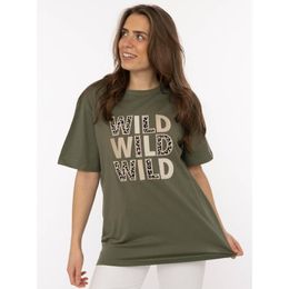 Zwillingsherz Damen T-Shirt &raquo;"Wild Wild Wild"&laquo; gro&szlig;er, gestickter Schriftzug mit Leomuster, Rundhals gr&uuml;n XL