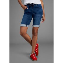 Arizona Damen Jogg-Jeansbermudas hohe Leibh&ouml;he, krempelbare Beinabschl&uuml;sse, Used-Look blau 34, N-Gr