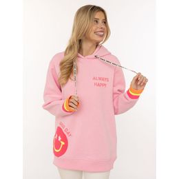 Zwillingsherz Damen Hoodie &raquo;"Always Happy"&laquo;, Smiley aus Frottee, Neon-Details, Kapuze, Langarm rosa L/XL