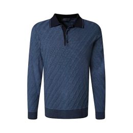 Pierre Cardin Herren Langarm-Poloshirt Strick in Bicolour- Jaquard - Struktur blau L