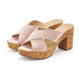 Lascana Damen Lascana Pantolette &raquo;Sommerschuh, offener Schuh, Sandalette, Mule,&laquo; aus Leder mit Blockabsatz in Kork-Optik rosa 39