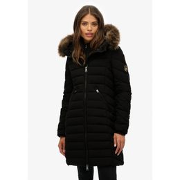 Superdry Damen Steppjacke &raquo;FUJI FAUX FUR HOOD MID LENGTH&laquo; mit Kapuze Slim Fit, mit Rei&szlig;verschluss, aus Polyester und Kunstfaser schwarz XS