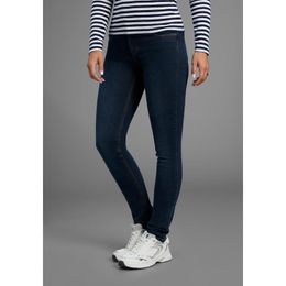 Arizona Damen Slim-fit-Jeans &raquo;Bund mit seitlichem Gummizugeinsatz&laquo; schmale Passform, R&ouml;hrenjeans, Used-Waschung, hohe Leibh&ouml;he blau 46, N-Gr