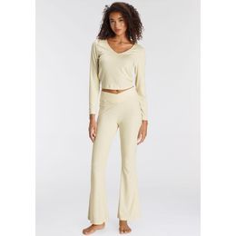 Lascana Damen Lascana Pyjama Set, 2 tlg. aus sch&ouml;nem Ripp-Material beige 36/38