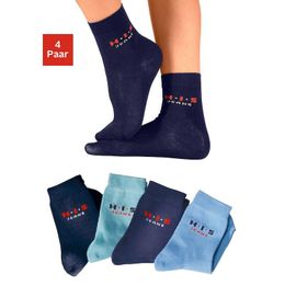 H.I.S. H.I.S Kinder Basicsocken &raquo;Kinder Damen Herren Socken nat&uuml;rliche Baumwolle&laquo; Packung, 4 Paar tlg. mit kontrasfarbenem Logo blau 31-34