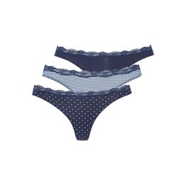 Lascana Damen Lascana String 3er-Pack, aus elastischer Baumwolle mit zarter Spitze blau 40/42