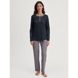 Calida Damen Calida Schlafanzug &raquo;Family & Friends&laquo; 2 tlg. Knopfleiste, Pure Cotton, Langarm, Serafino-Ausschnitt, weich blau L (48/50)