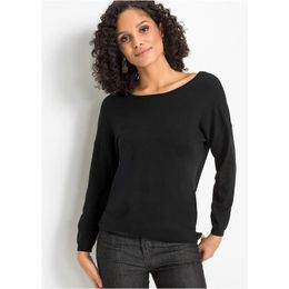 bonprix Damen bonprix Strickpullover Viskose-Feinstrick, abgerundeter Saum, Schn&uuml;rung im R&uuml;cken schwarz 48/50 (XL)