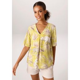 Aniston Casual Damen Aniston CASUAL Schlupfbluse mit Bl&auml;ttern, Nash&ouml;rnern und Geparden bedruckt gelb 48