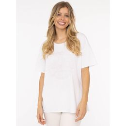 Zwillingsherz Damen Kurzarmshirt &raquo;Oversized Shirt Stempeldruck "Moin"&laquo; Kurzarm, tiefer Rundhalsausschnitt, Schriftzug, Baumwollmischung wei&szlig; L/XL