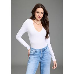 Laura Scott Damen Langarmbody mit V-Ausschnitt, figurbetonte Passform, unifarbenes Design wei&szlig; 36, N-Gr