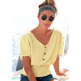Lascana Damen Lascana V-Shirt mit breitem Smoksaum und Kopfleiste, Blusenshirt, sommerlich gelb 44/46