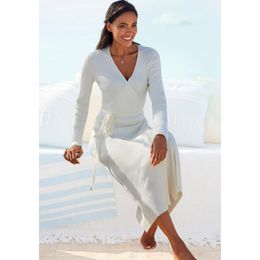 Lascana Damen Lascana Strickkleid Loungekleid zum wickeln mit Tailleng&uuml;rtel, Loungewear beige 36/38, N-Gr